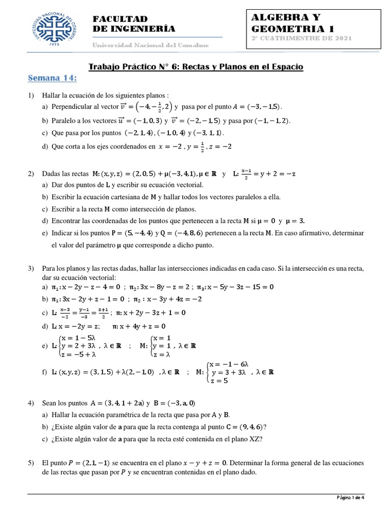 TP N° 6 Rectas y planos en el Espacio_2°C_2021 | PDF | Geometria plana) | Línea (geometría)