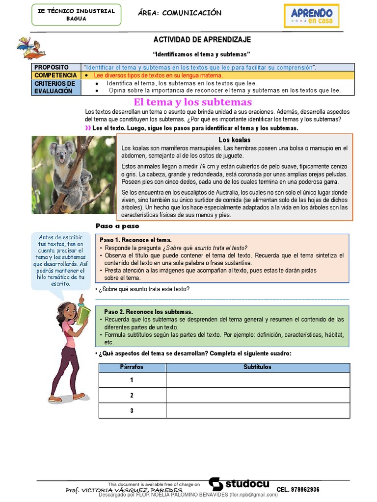 EL TEMA Y Subtemas - FICHA PRÁCTICA | PDF | Coala | Memoria