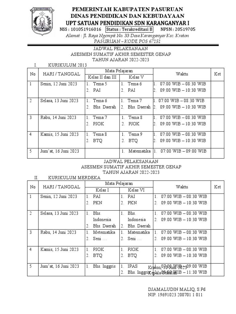 Jadwal Asesmen Sumatif Akhir Semester Ii 2022-2023 | PDF