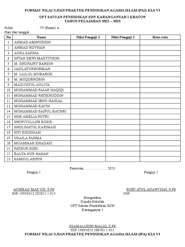 Format Nilai Penilaian Ujian Praktek Pendidikan Agama Islam 2022-2023 | PDF