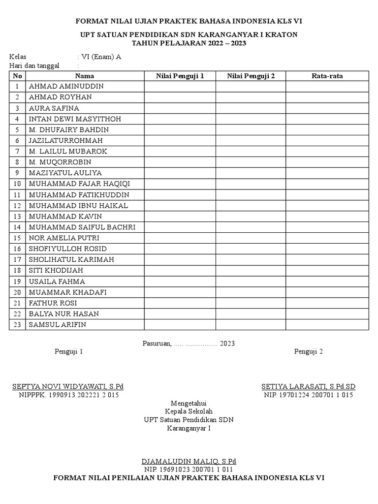Format Nilai Penilaian Ujian Praktek Bahasa Indonesia 2022-2023 | PDF