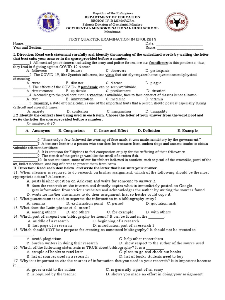 EN8 1st Quarter Examination | PDF | Adverb | Adjective