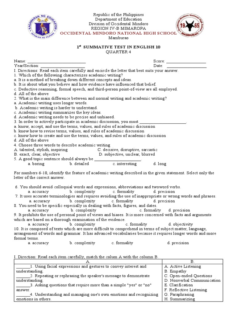 English 7 Summative Test 1 3RD Quarter | PDF | Communication ...