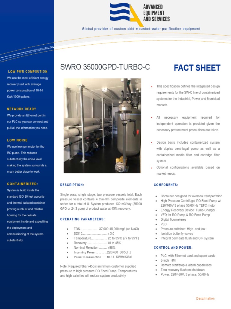 Swro Medium Desalination Containerized 35000 GPD Turbo Datasheet | PDF ...