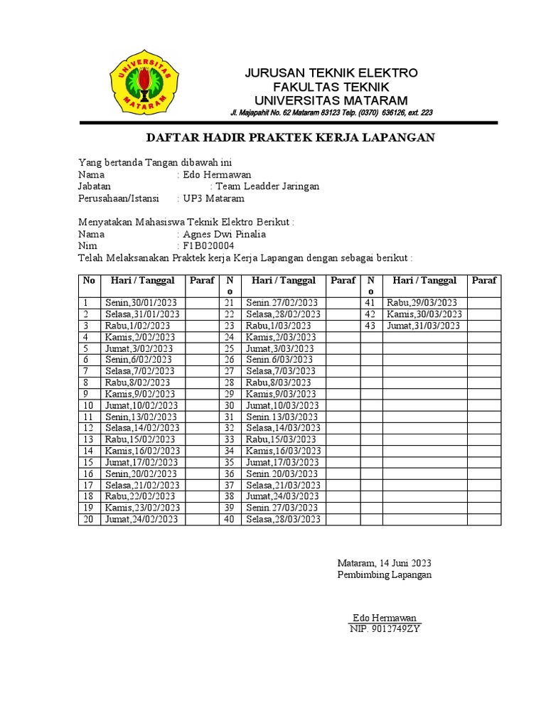 Lembar Absen Pkl | PDF