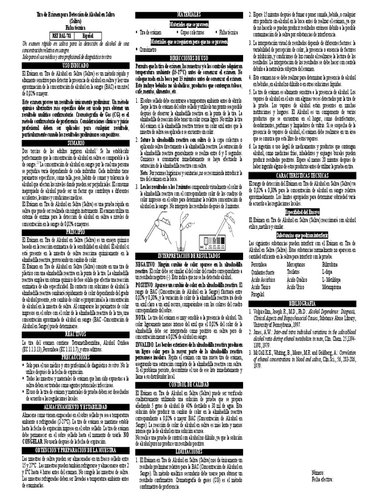 Inserto C031-021 Alcohol en Saliva Tira | PDF | Enzima | Concentración