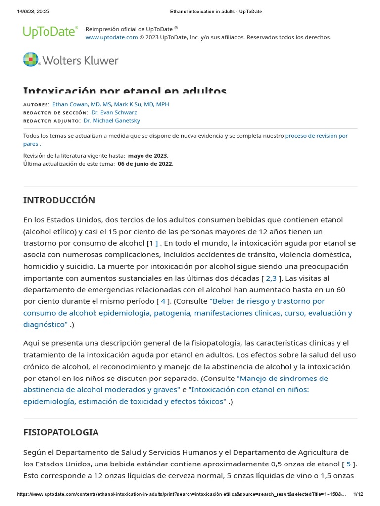 Ethanol Intoxication in Adults - UpToDate | PDF