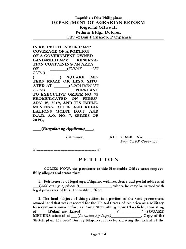 DAR Petition EO 75 Draft | PDF