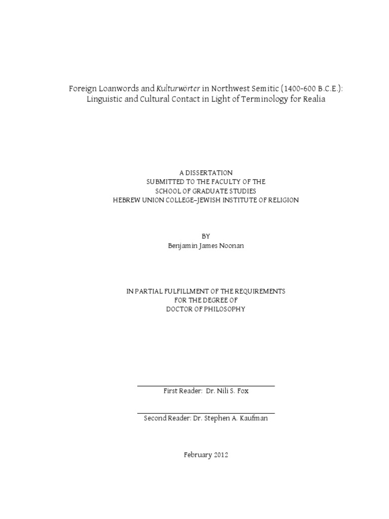 Foreign Loanwords and Kulturwoerter in Northwest Semitic (1400-600 B.C ...