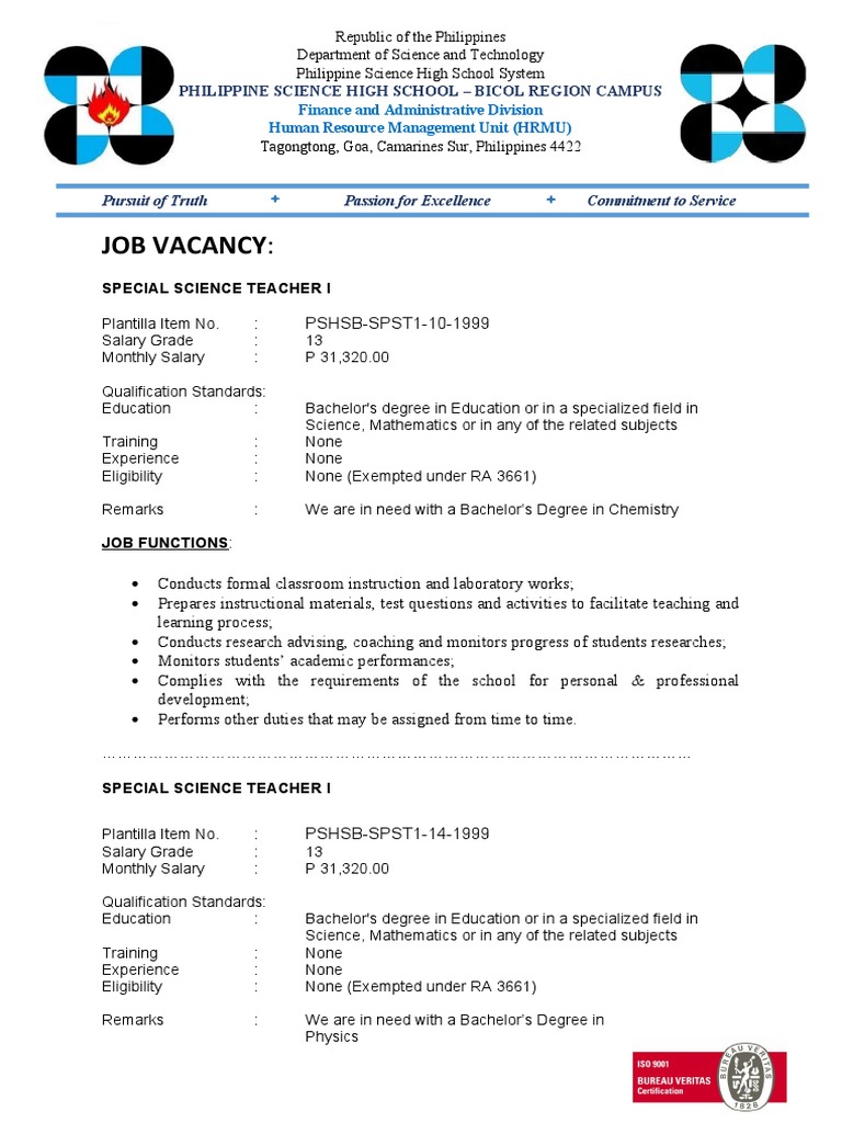 Job Vacancy - SST I, SST II, SST IV, ISA II, GSA I, DM I | PDF | Teachers | Academic Degree