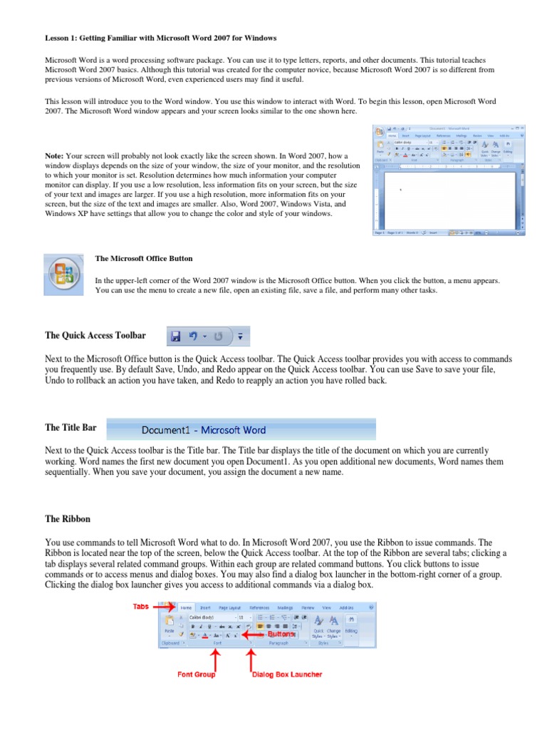 Intro To Microsoft Word Lesson 1 | PDF | Microsoft Word | Window (Computing)