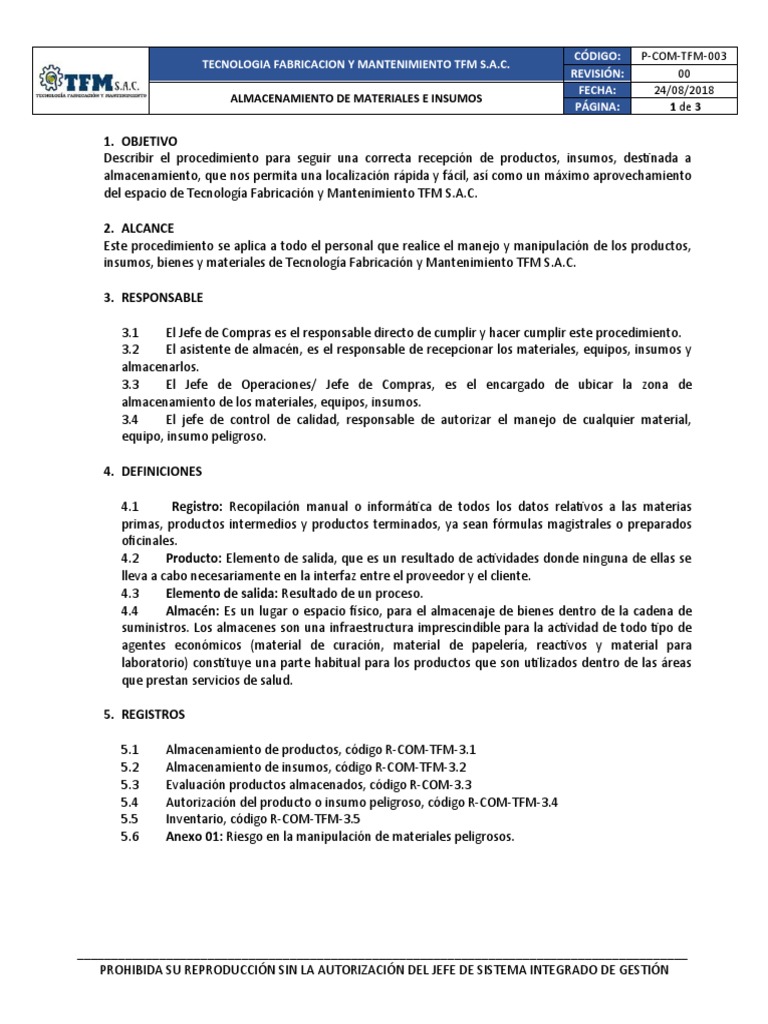 P-COM-TFM-003 (v00) PROCEDIMIENTO DE ALMACENAMIENTO DE MATERIALES E INSUMOS | PDF