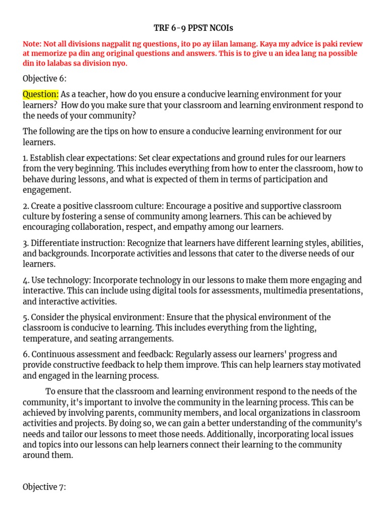 Revised TRF 6-9 PPST NCOIs | PDF | Learning | Teachers
