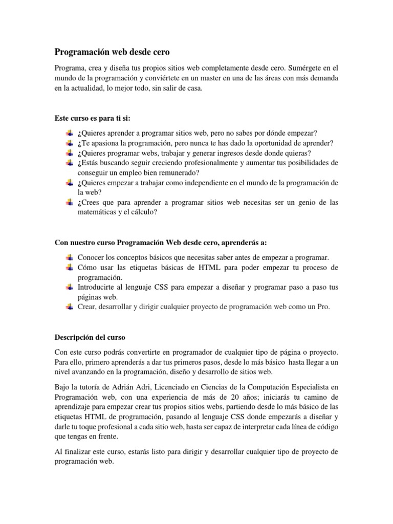 Ficha Técnica - Curso Online Programación Web Desde Cero | PDF | HTML ... Ficha Técnica - Curso Online Programación Web Desde Cero | PDF | HTML ...