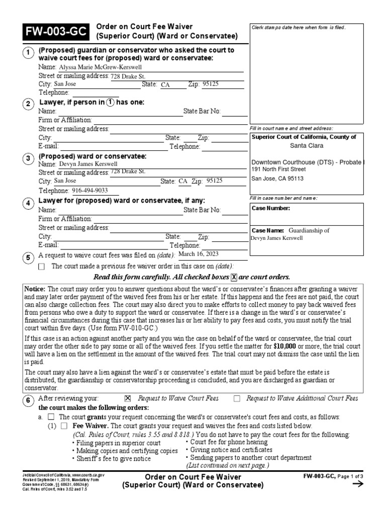 FW-003-GC Fee Waiver Order - Child 1 | PDF | Conservatorship | Legal ...