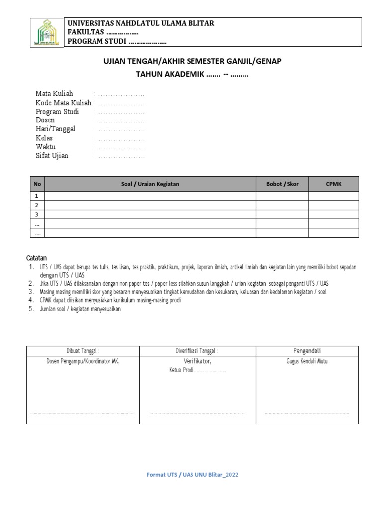 Format - UTS-UAS - UNU Blitar - Rev2 - 2022 | PDF