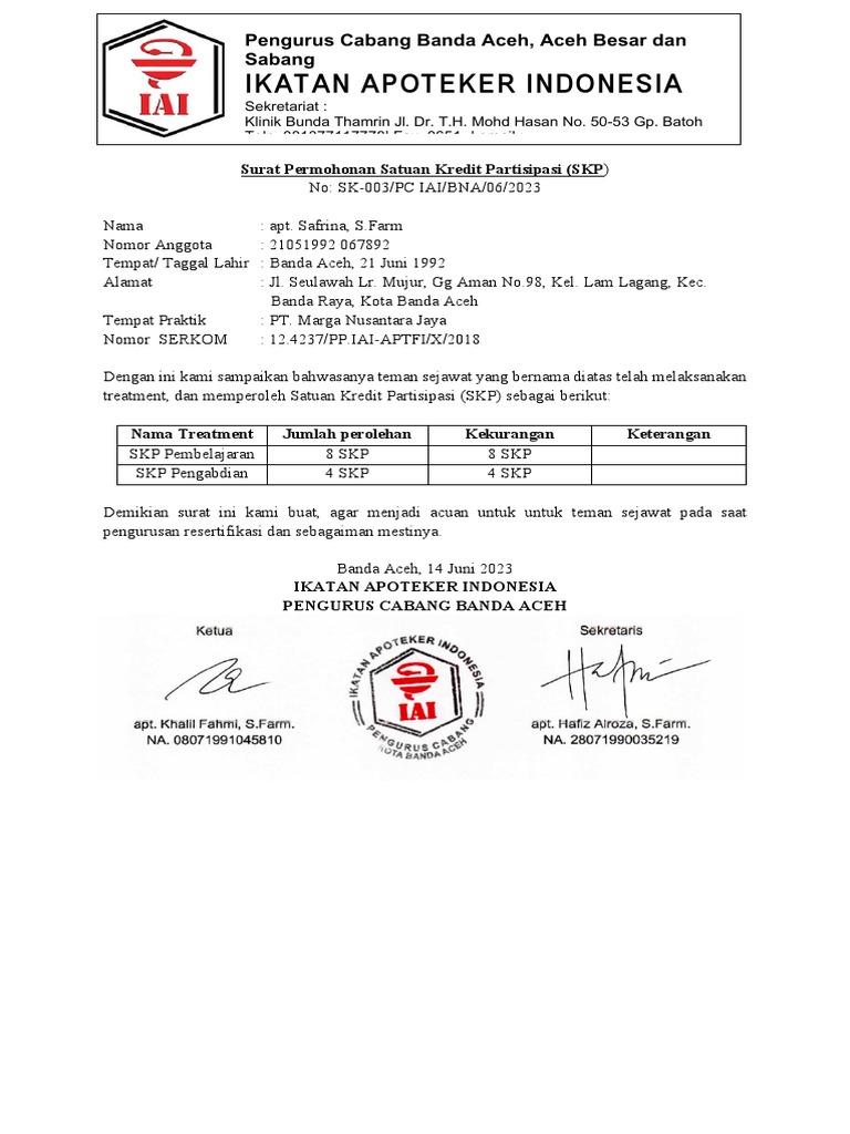 Surat Keterangan Treatment Apt Safrina | PDF
