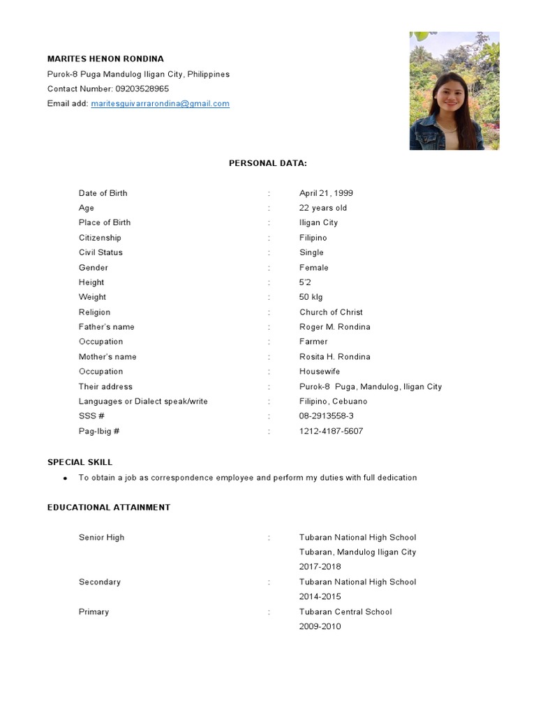 Marites Henon Rondina: Personal Profile | PDF