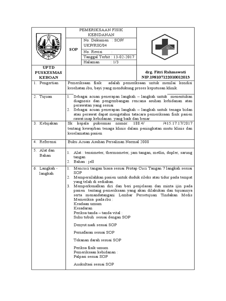Sop 04 Pemeriksaan Fisik Kebidanan | PDF | Pengembangan Diri | Kesehatan Holistik