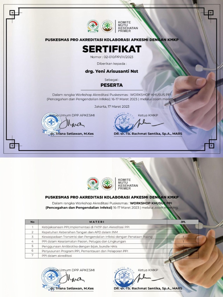 E-Sertifikat PPI Drg. Yeni Arisusanti NST KMKP 2023 | PDF