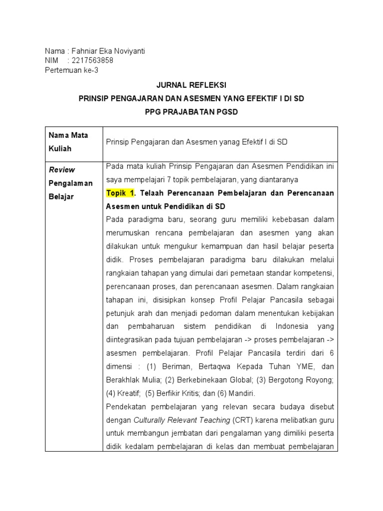 Jurnal Refleksi Prinsip Pembelajaran Dan Asesmen Yang Efektif | PDF Jurnal Refleksi Prinsip Pembelajaran Dan Asesmen Yang Efektif | PDF