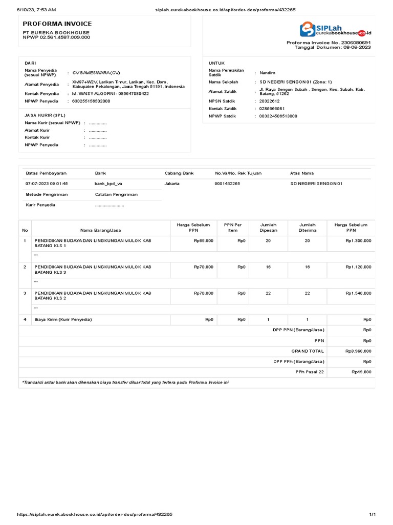 Siplah - Eurekabookhouse.co - Id API Order-Doc Proforma 432265 | PDF