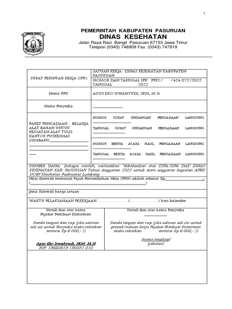 Draft SPK Alat Bahan Untuk Kegiatan Alat Tulis Kantor Puskesmas Lumbang | PDF
