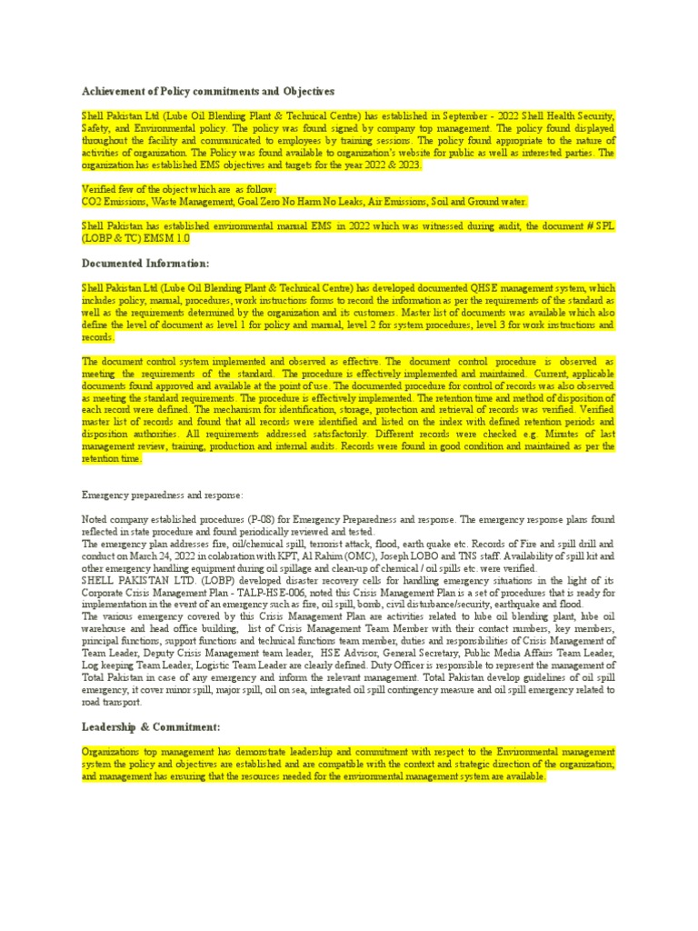 LOBP ISO 14001 Report - Shell Pakistan... | PDF | Emergency Management ...