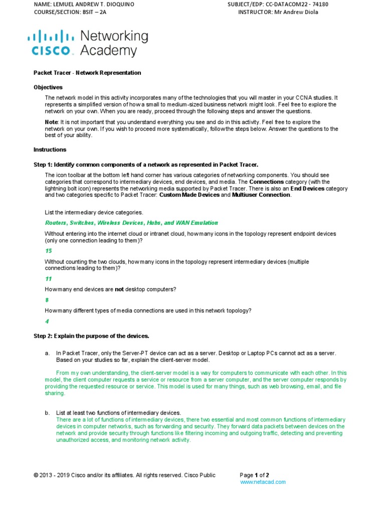1.5.7 Packet Tracer - Network Representation (ANSWERED) | PDF ...