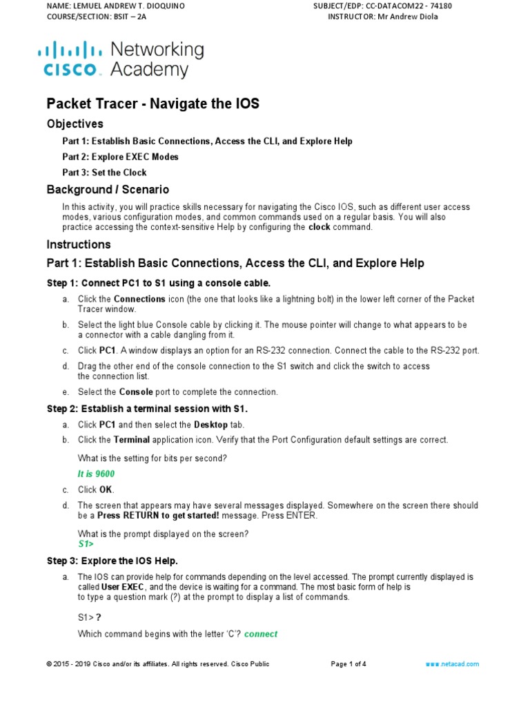 2.3.7 Packet Tracer - Navigate The Ios (ANSWERED) | PDF | Command Line Interface | Computer ...