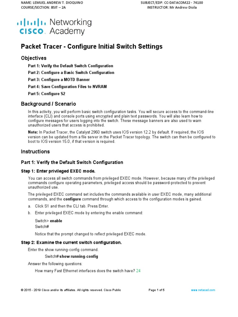2.5.5 Packet Tracer - Configure Initial Switch Settings (ANSWERED) | PDF 2.5.5 Packet Tracer - Configure Initial Switch Settings (ANSWERED) | PDF