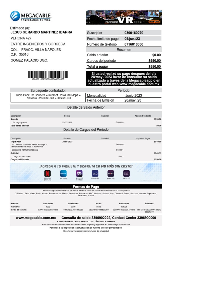 Recibo Megacable | PDF | Empresas minoristas | Minoristas