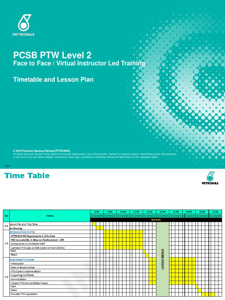 TIMETABLE & LESSON PLAN PTW Level 2 New Candidate | PDF | Safety ...