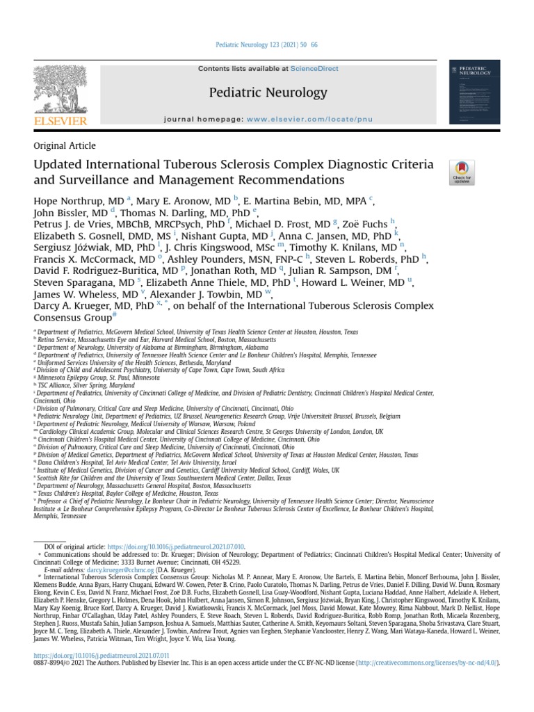 Updated International Tuberous Sclerosis Complex Diagnosis Criteria | PDF