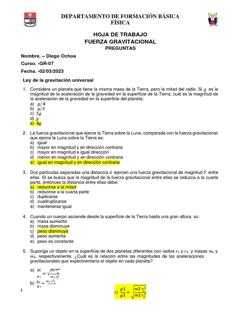 Hoja de Trabajo 12 - Ley de La Gravitación Univiersal-Preguntas | PDF ...