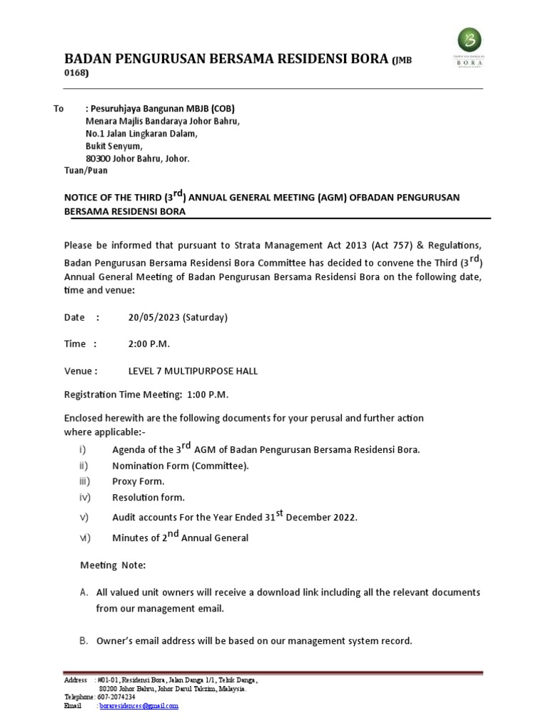 Bora AGM 2023 - Notice and Agenda (To COB) | PDF | Proxy Voting | Governance