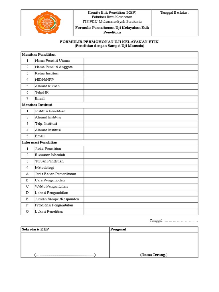 Poin 1B. Form Permohonan Kode Etik Dosen Atau Peneliti | PDF