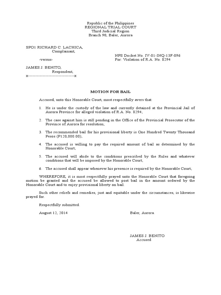 Motion For Bail | Download Free PDF | Bail | Legal Remedy