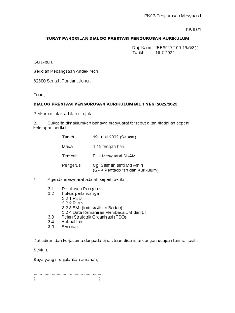 Surat Panggilan Dialog Prestasi | PDF