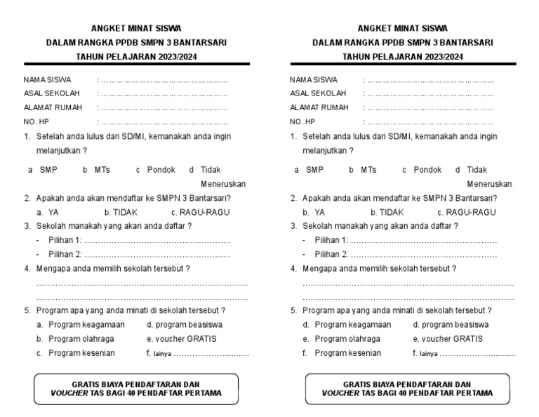Angket Minat Siswa PPDB SMPN 3 Bantarsari 2023 | PDF | Olahraga & Rekreasi
