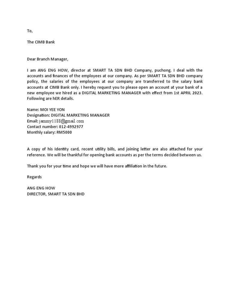 Bank Account Opening Letter For Company Employee | PDF | Finance ...