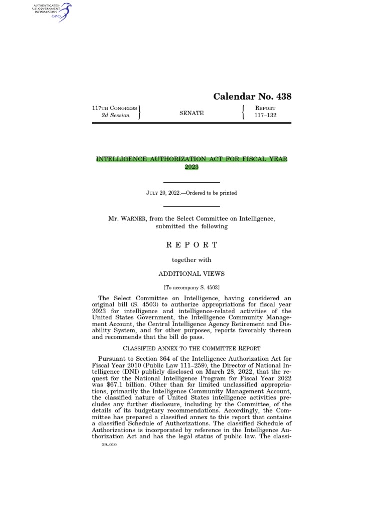 INTELLIGENCE AUTHORIZATION ACT FOR FISCAL YEAR 2023 crpt-117srpt132 | PDF
