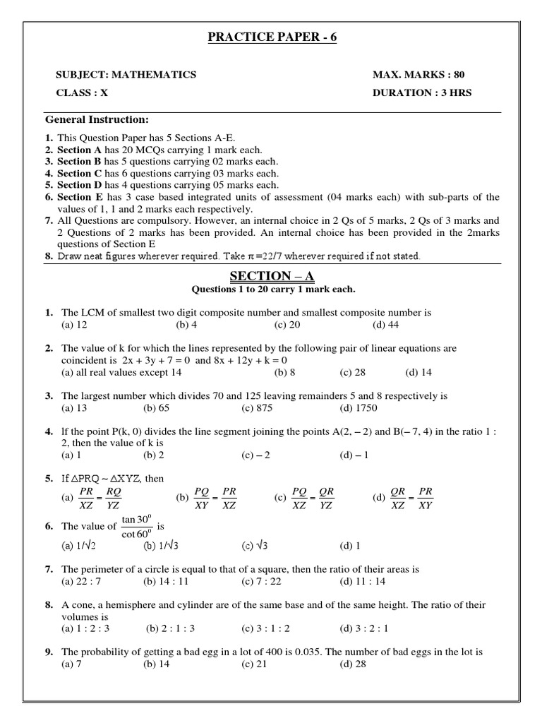 Maths-Class-X - Paper - 6 | PDF | Circle | Area
