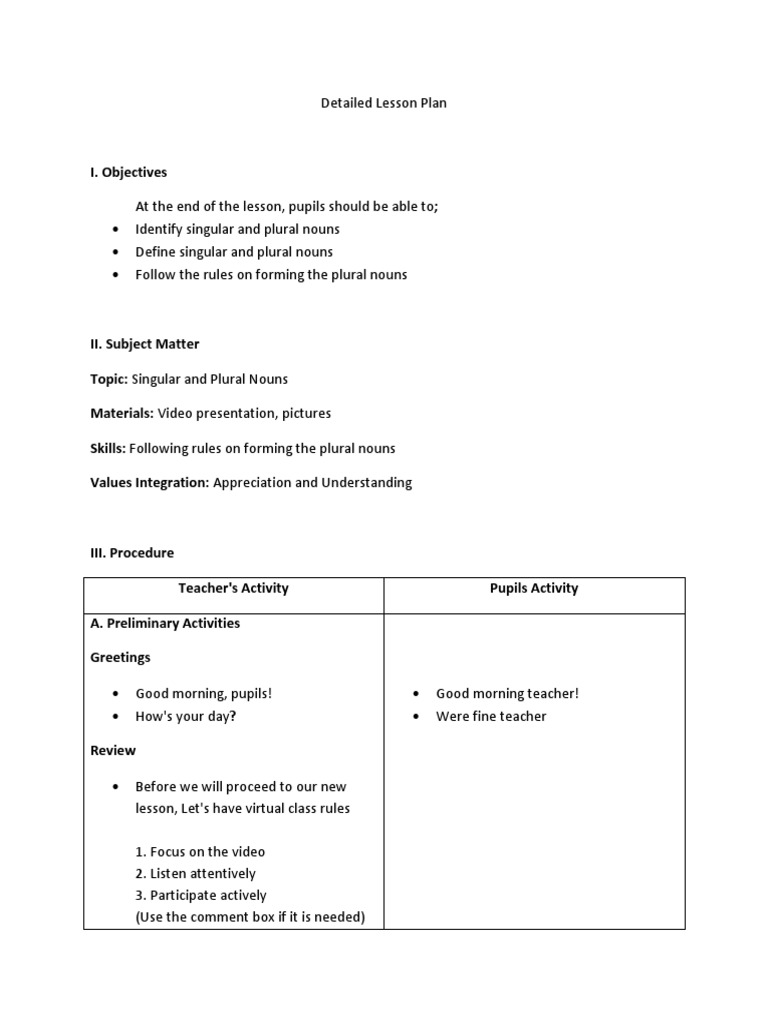 Lesson Plan: Singular and Plural Nouns | PDF | Plural | Grammatical Number