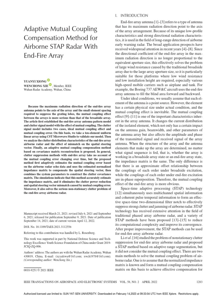 Adaptive Mutual Coupling Compensation Method For Airborne STAP Radar ...