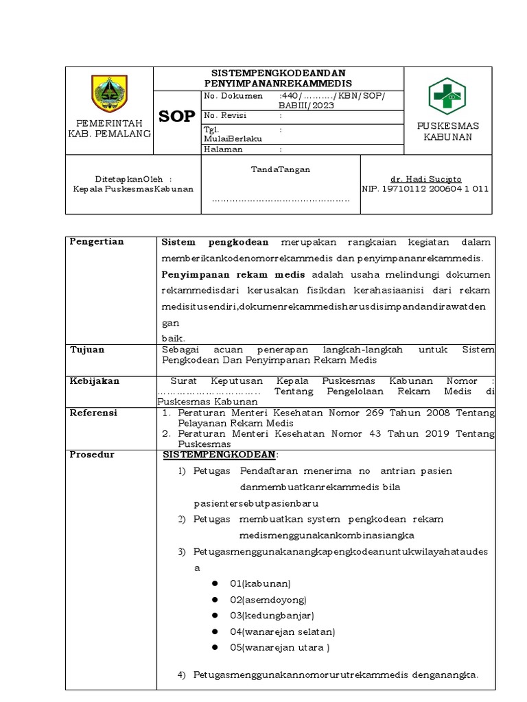 Sop Sistem Pengkodean Dan Penyimpanan Rekam Medis | PDF