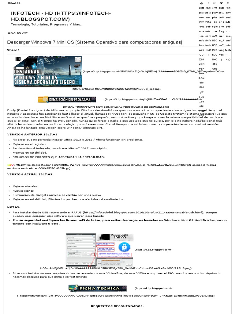 Descargar Windows 7 Mini OS (Sistema Operativo para Computadoras Antiguas) - INFOTECH - HD | PDF