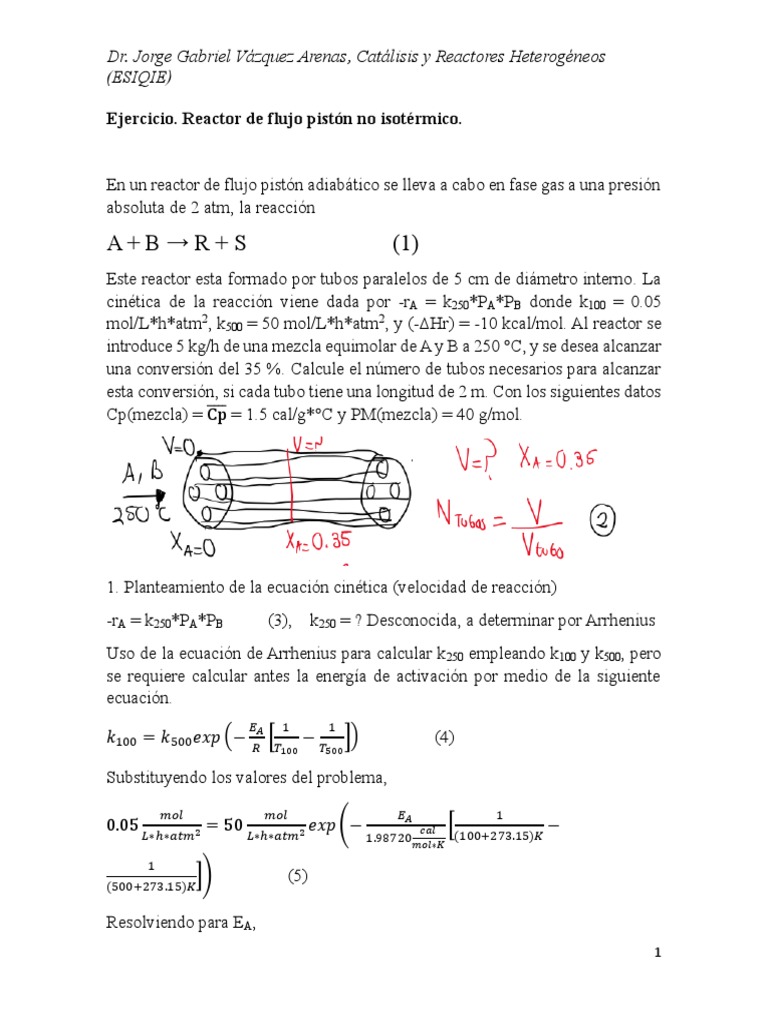 Ejercicio Reactor PFR No Isotérmico | PDF | Reactor Quimico | Cinética química