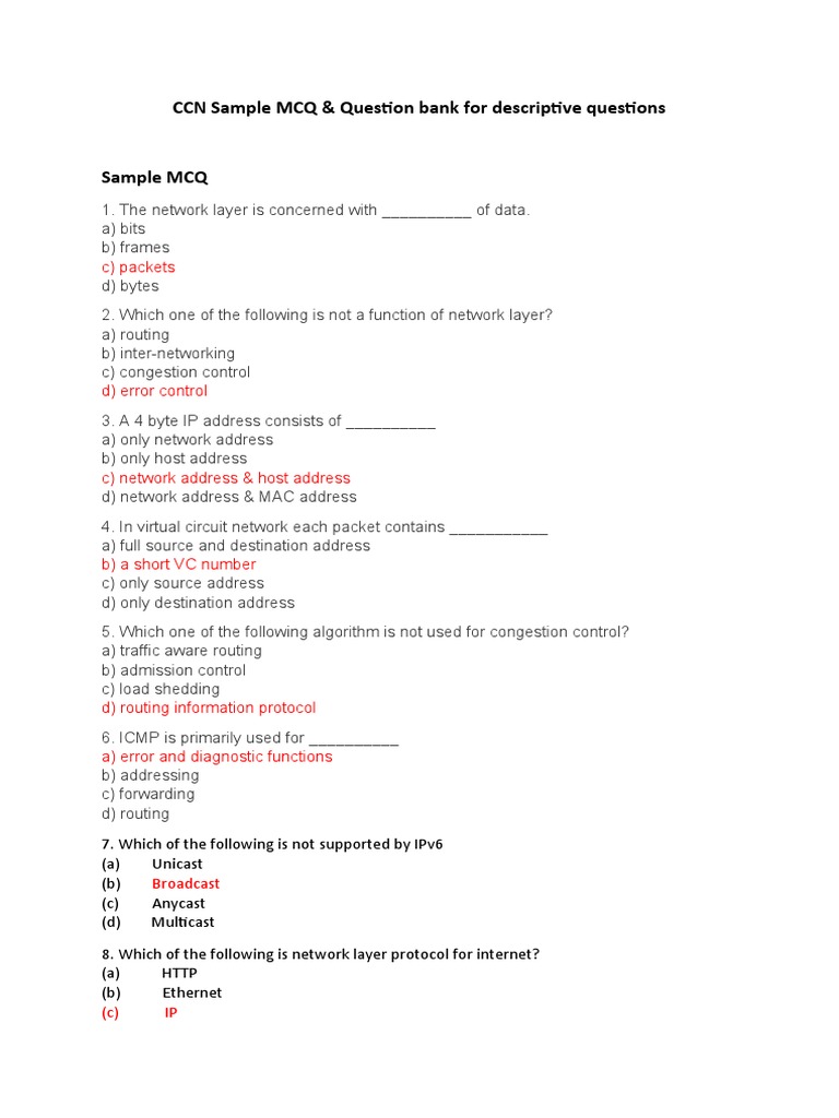 CCN Sample MCQ & Question Bank For Descriptive Questions Sample MCQ | PDF