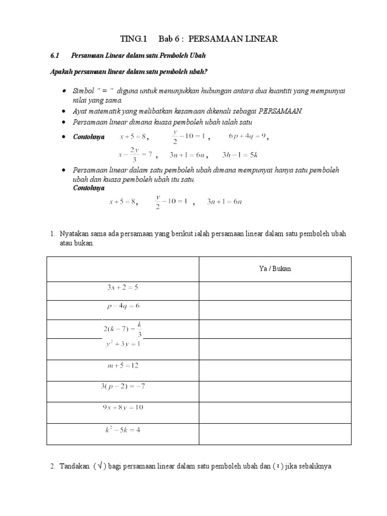T1 Bab 6 Persamaan Linear | PDF
